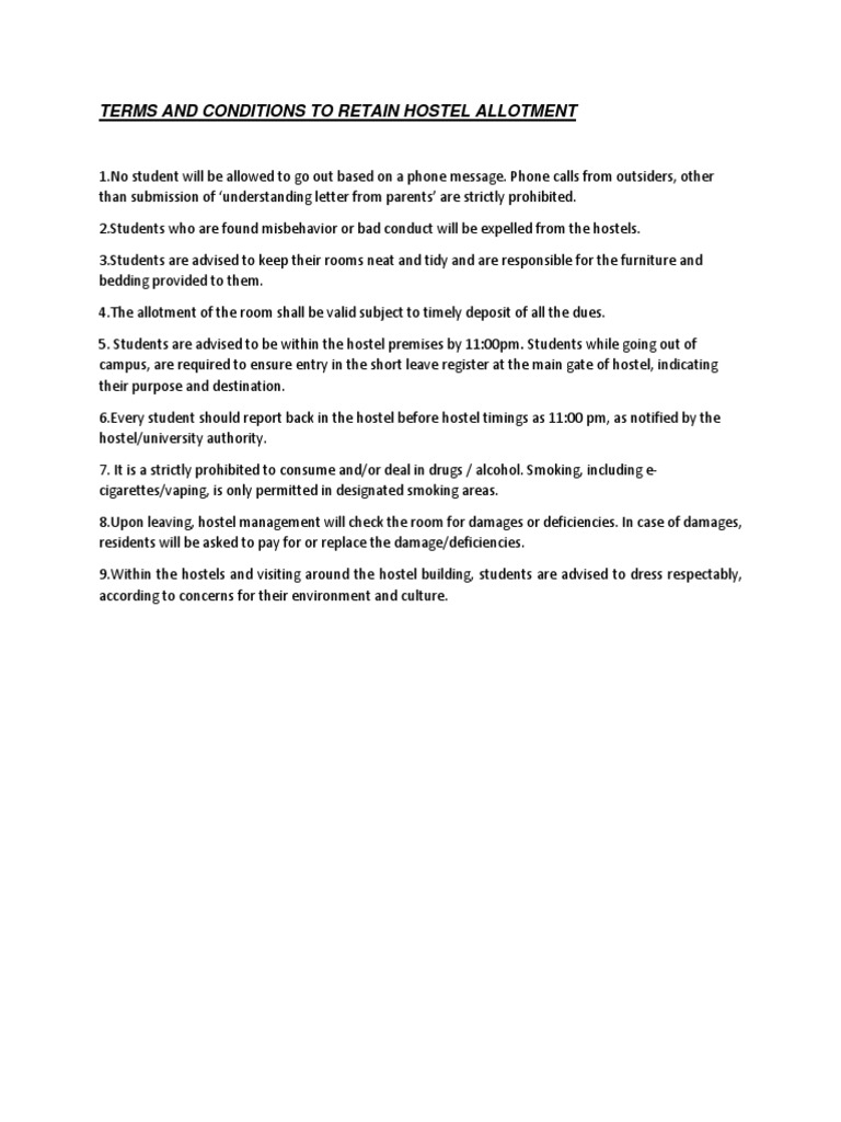Terms and Condition of Hostel | PDF