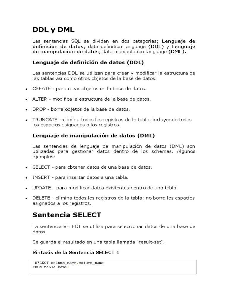 DDL y DML | PDF | SQL | Tecnologías de la información