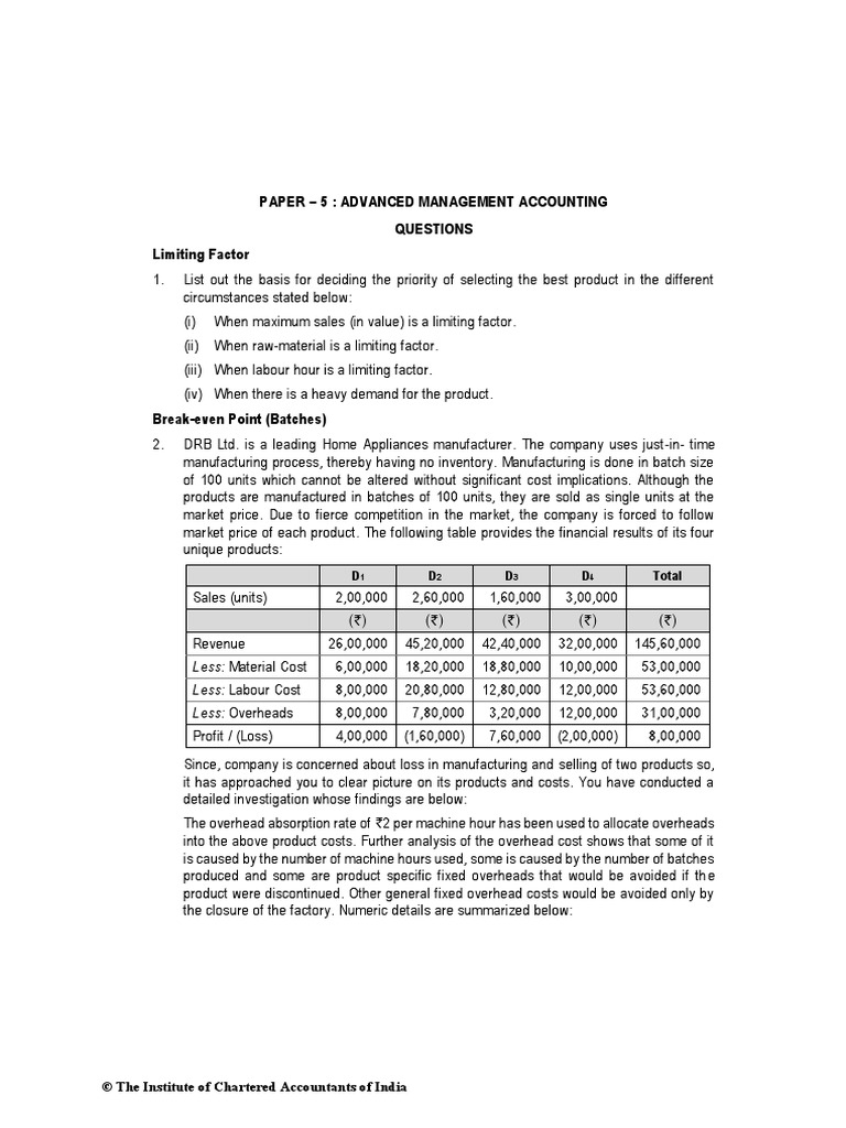 Paper - 5: Advanced Management Accounting Questions Limiting Factor ...