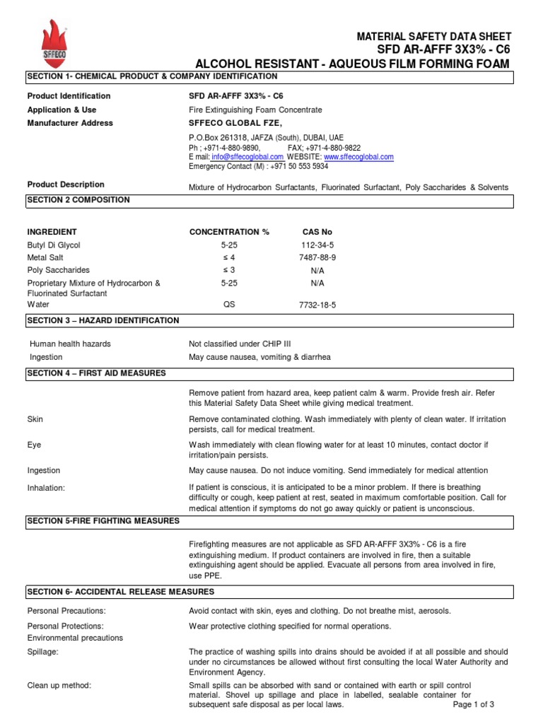 Sffeco Msds - SFD Ar-Afff 3x3% - c6 | PDF | Dangerous Goods | Firefighting