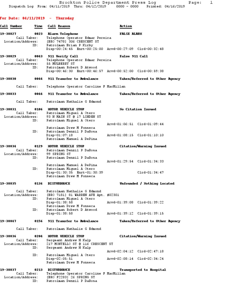 City of Brockton, Ma Police Log April 11, 2019 | PDF | Legal Action ...