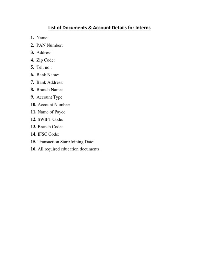 List of Documents & Account Details For Interns | PDF