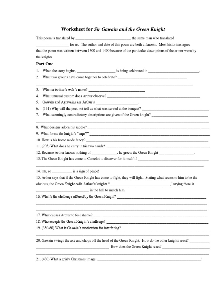 Worksheet For Sir Gawain and The Green Knight | PDF | Green Knight