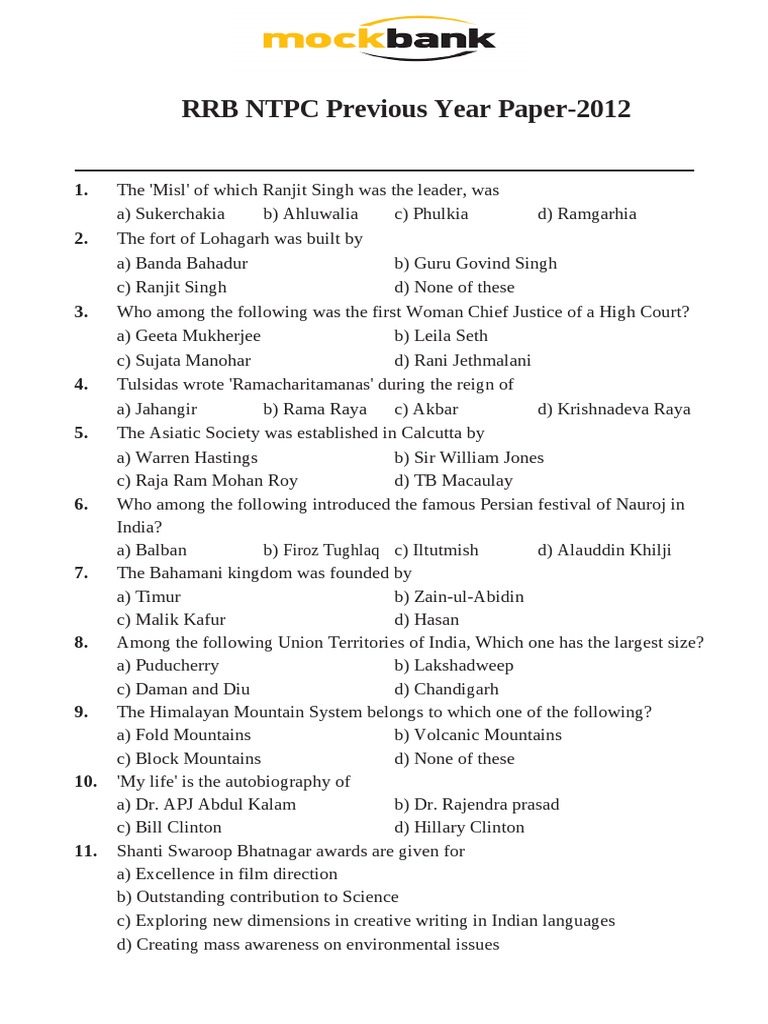 RRB NTPC Previous Year Paper 2012 | PDF | Area | Interest