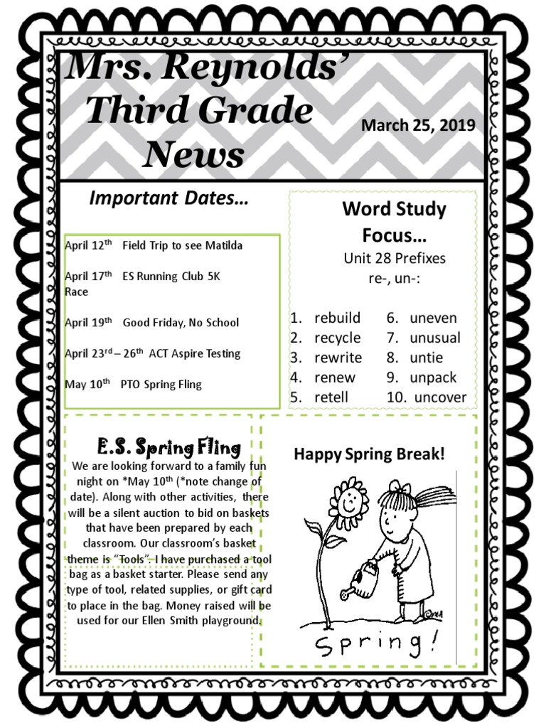 Mrs. Reynolds' Third Grade News: Important Dates | PDF