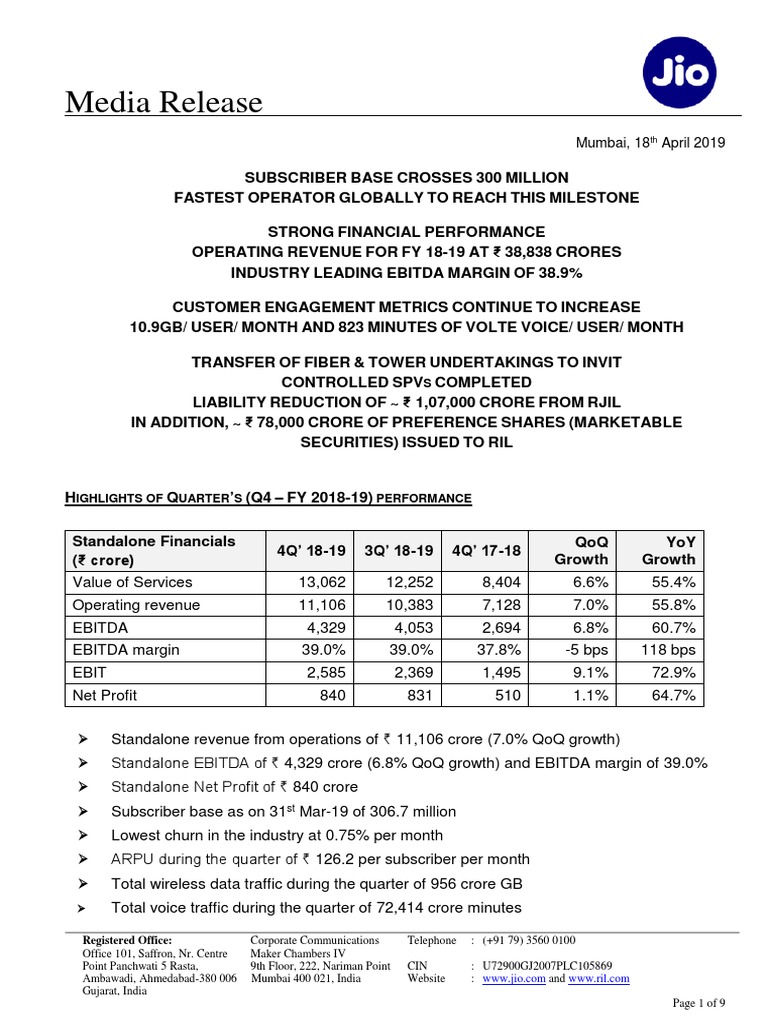 Media Release RJIL 4Q | PDF | Expense | Equity (Finance)