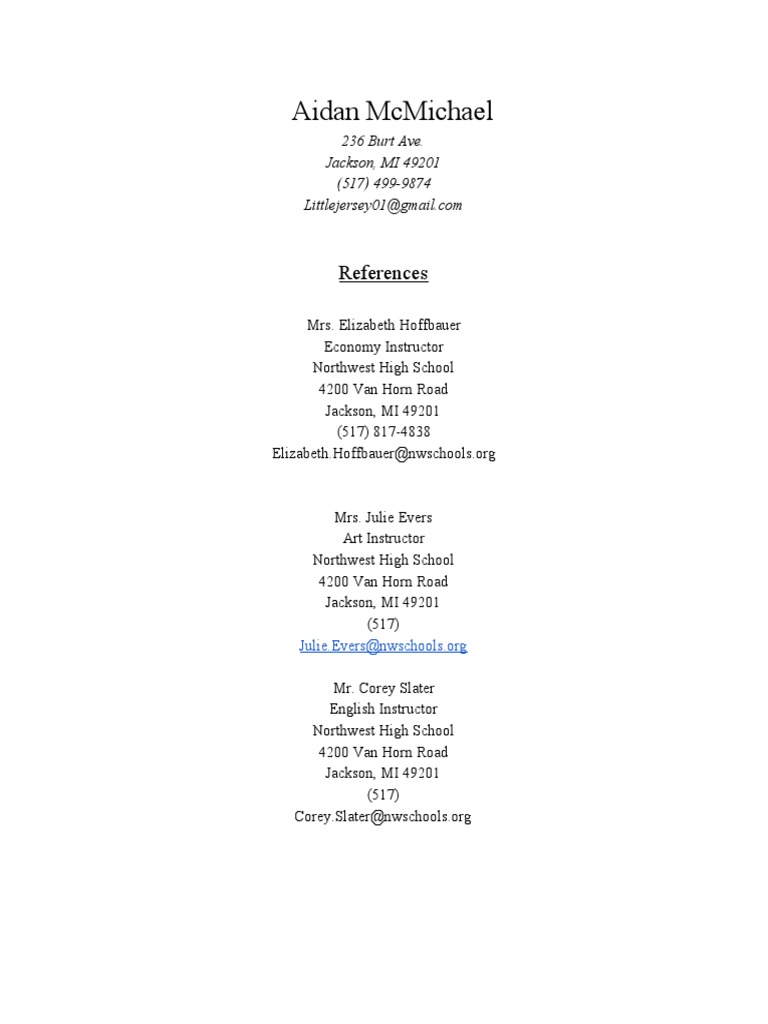 Aidan Mcmichael - Reference Final | PDF