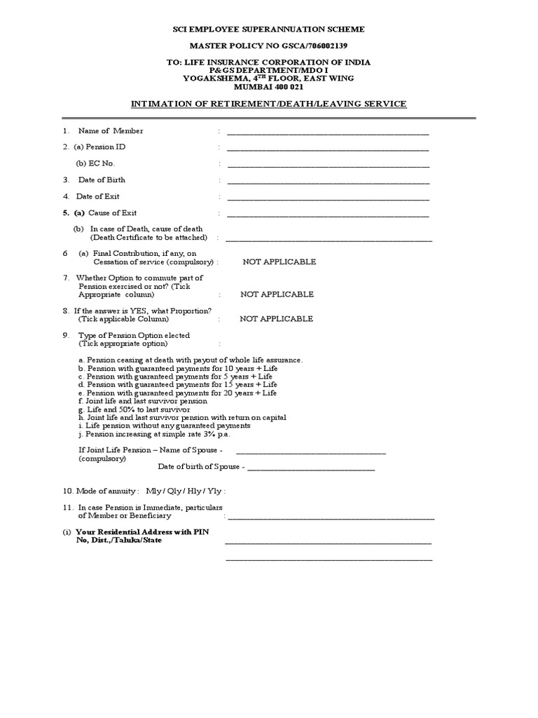 Intimation Form Dd44e4 | PDF | Life Insurance | Pension