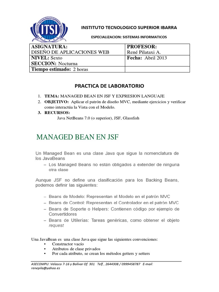 Practica 1 Managed Bean En Jsf Pdf Modelo Vista Controlador Java Lenguaje De