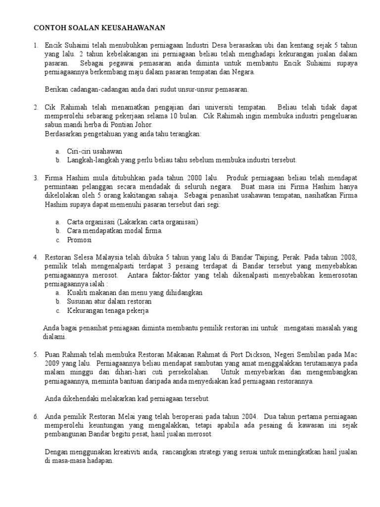 Contoh Soalan Keusahawanan | PDF