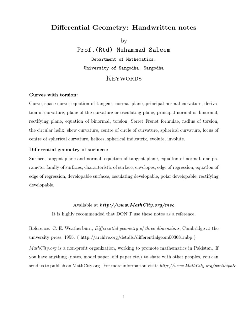Differential Geometry Handwritten Notes PDF | PDF