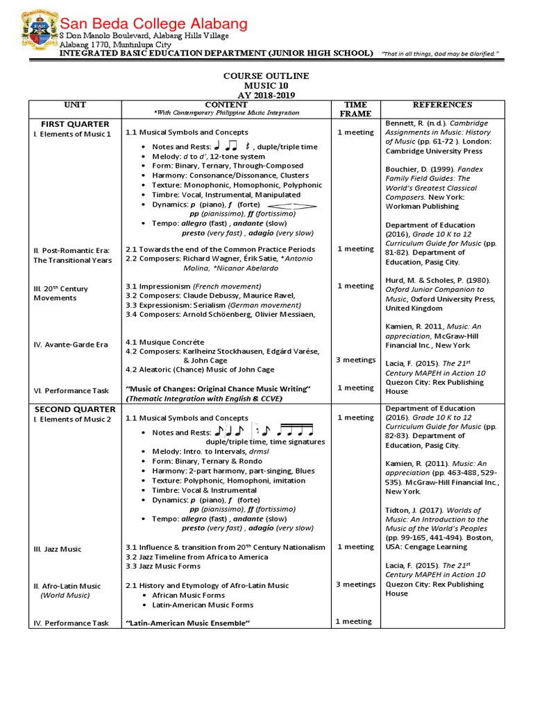 Music 10 Course Outline for Grade 10 | PDF | Tempo | Musicology