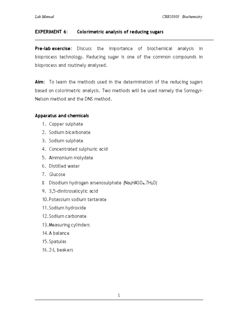 Experiment 6b Colorimetric Analysis For Reducing Sugars | PDF | Sodium | Glucose