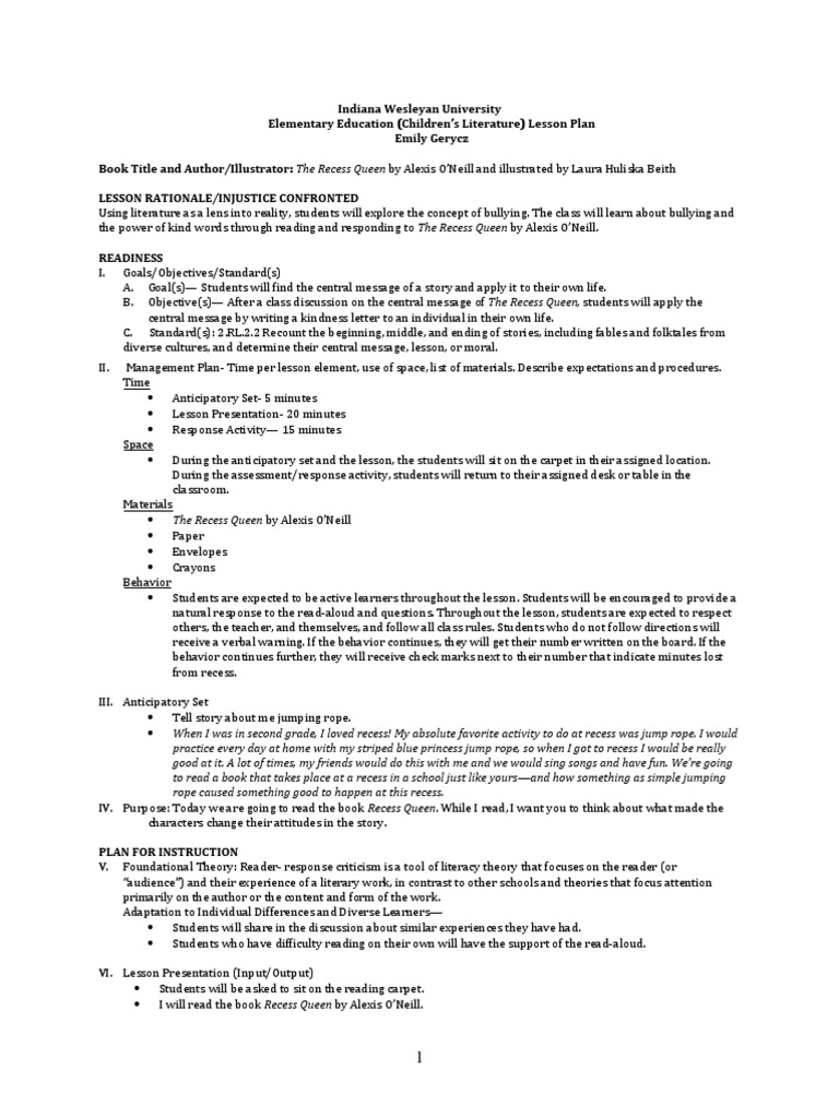 The Recess Queen Lesson Plan | PDF | Understanding | Lesson Plan