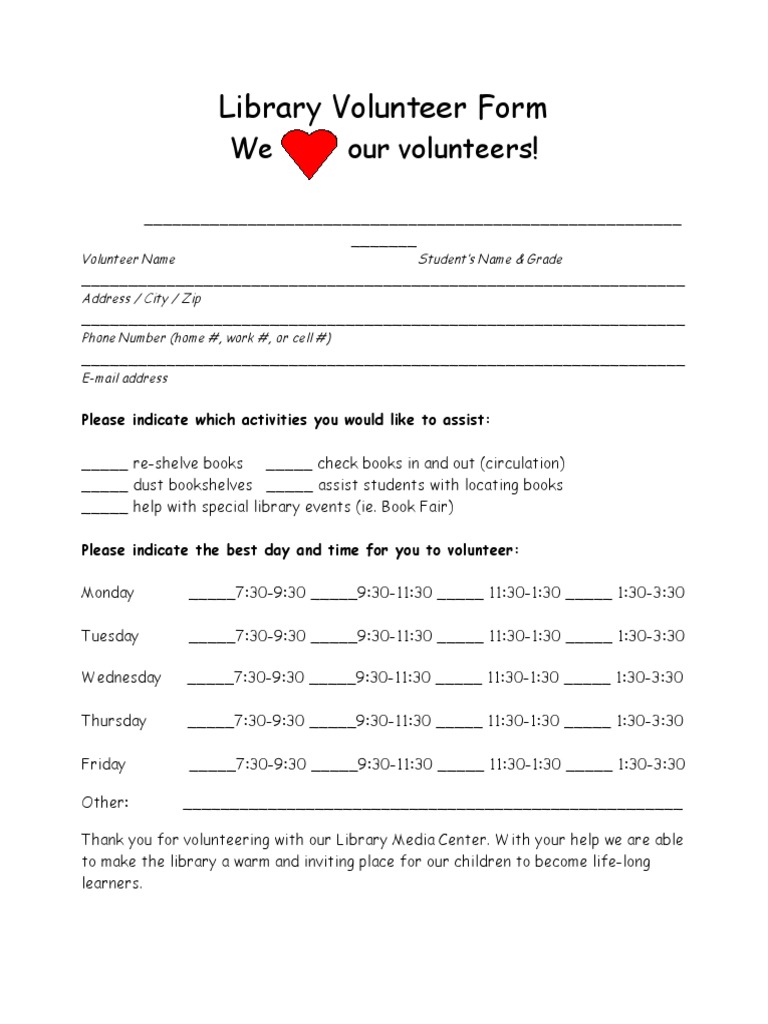 Library Volunteer Signup Form | PDF | Career & Growth
