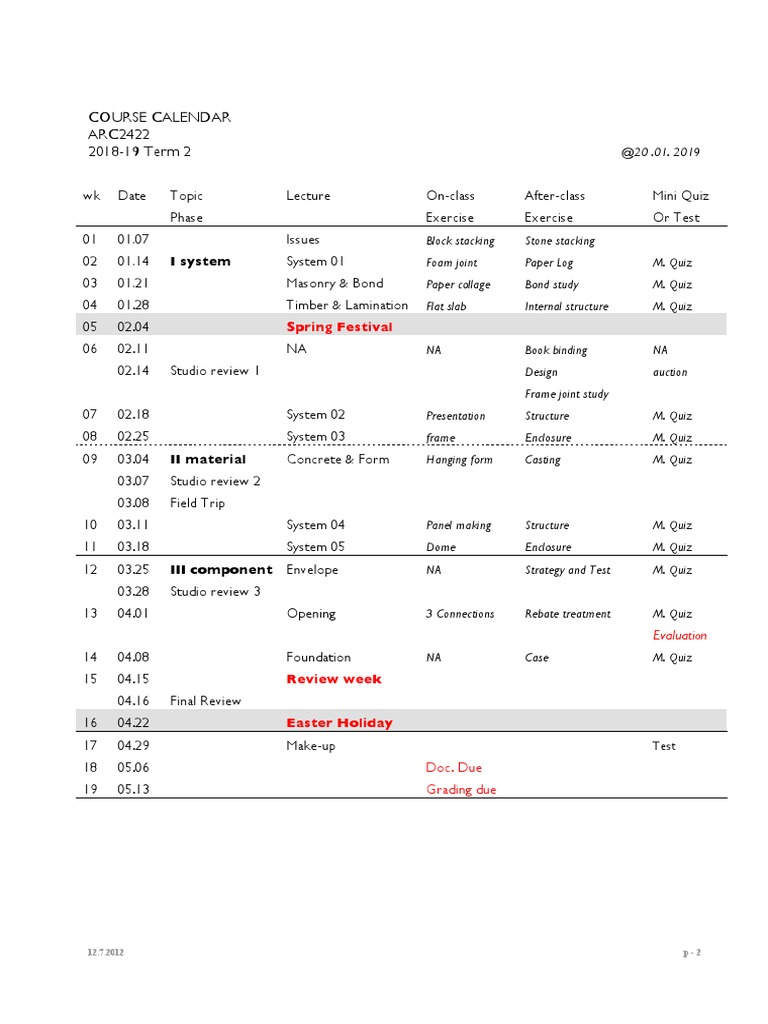 1819T2 2422 Calendar Revised 190120 | PDF | Masonry | Building Technology