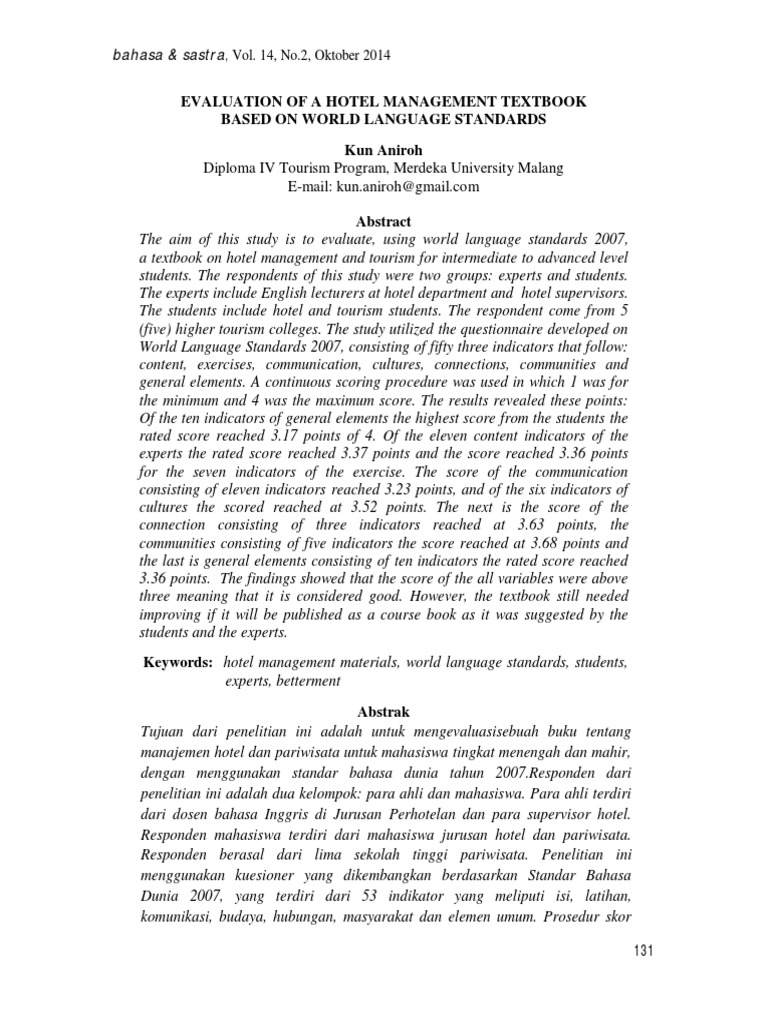 Evaluation of A Hotel Management Textbook Based On PDF | PDF | Reading ...
