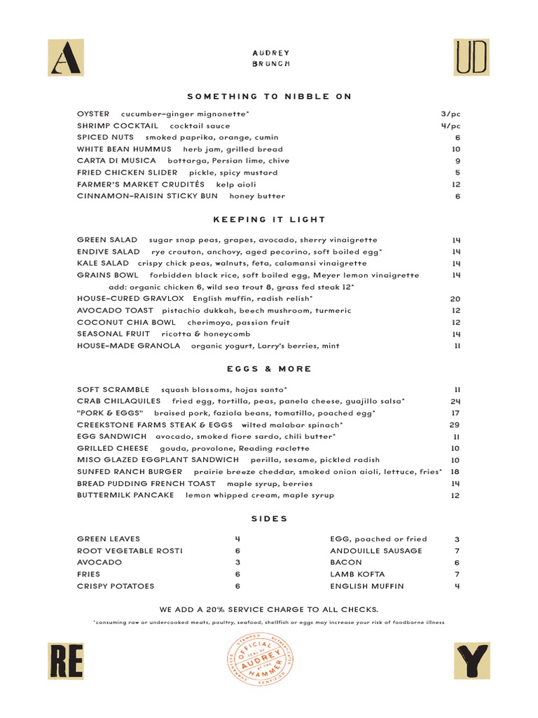 Audrey Brunch Menu & Drinks | PDF | Rose | Salad