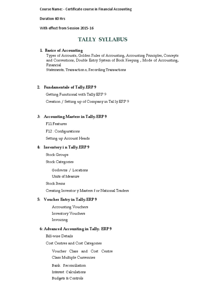 Tally Syllabus: 1. Basics of Accounting | PDF | Point Of Sale | Value Added Tax