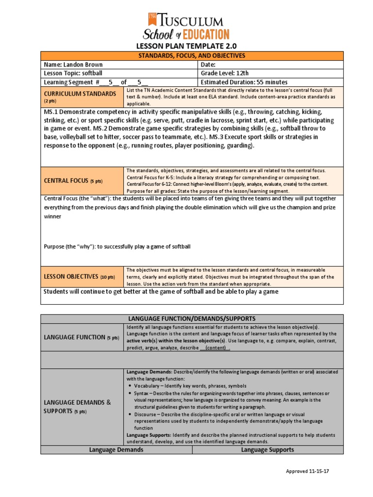 Softball 5 Lesson Plan | PDF | Phrase | Educational Assessment