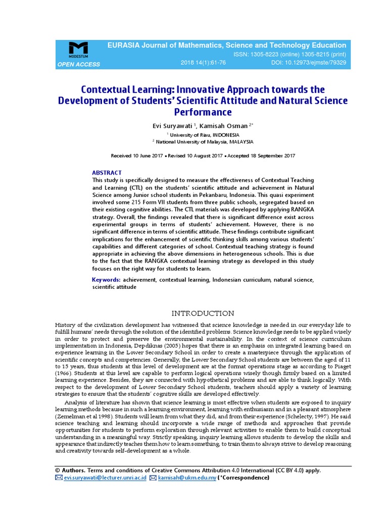 Contextual Learning: Innovative Approach Towards The Development of ...