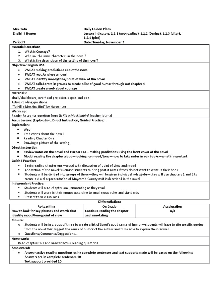 TKMB Lesson Plan Honors English I | PDF | To Kill A Mockingbird ...