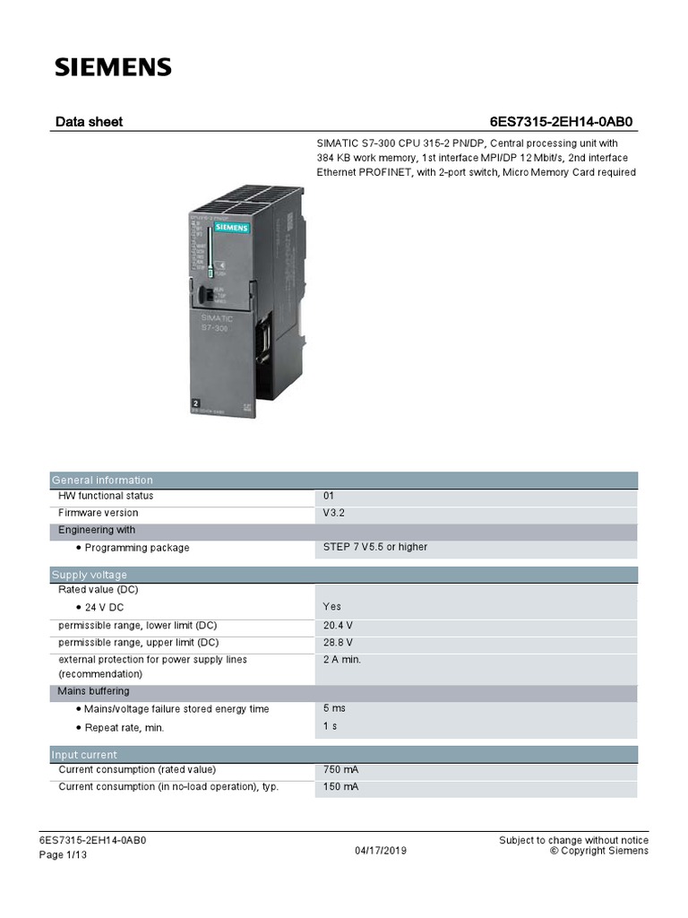 Data Sheet 6ES7315-2EH14-0AB0: General Information | Download Free PDF | Port (Computer ...