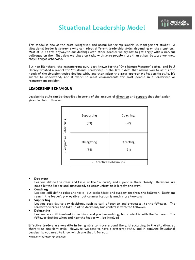Situational Leadership Model Overview | PDF | Emergence | Leadership