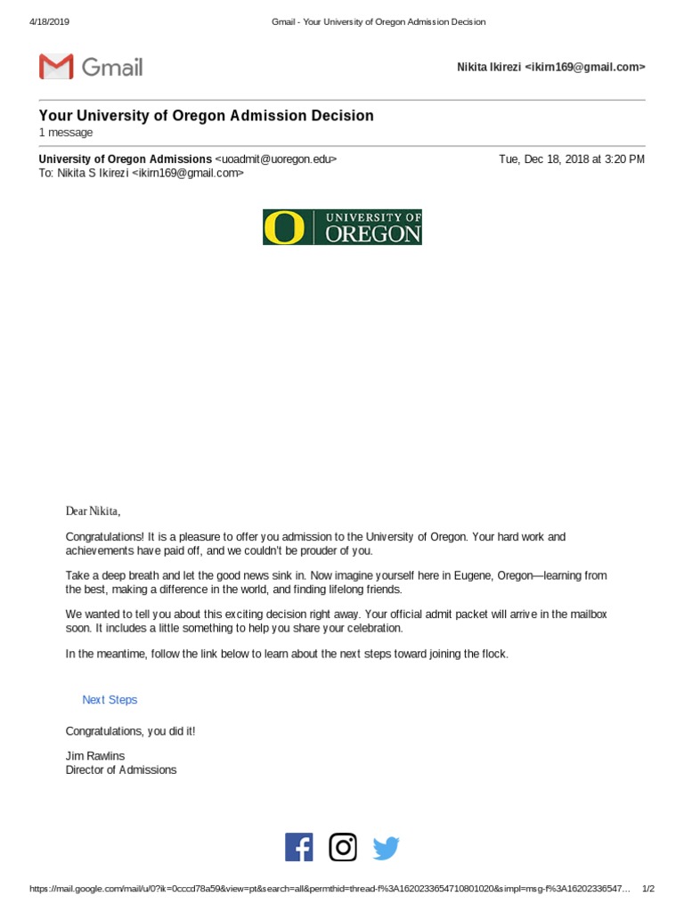 Gmail - Your University of Oregon Admission Decision | PDF