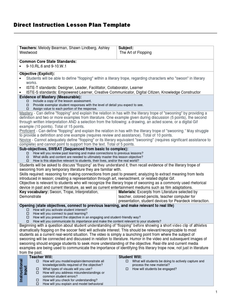 Direct Instruction Lesson Plan Template | PDF | Teachers | Lesson Plan