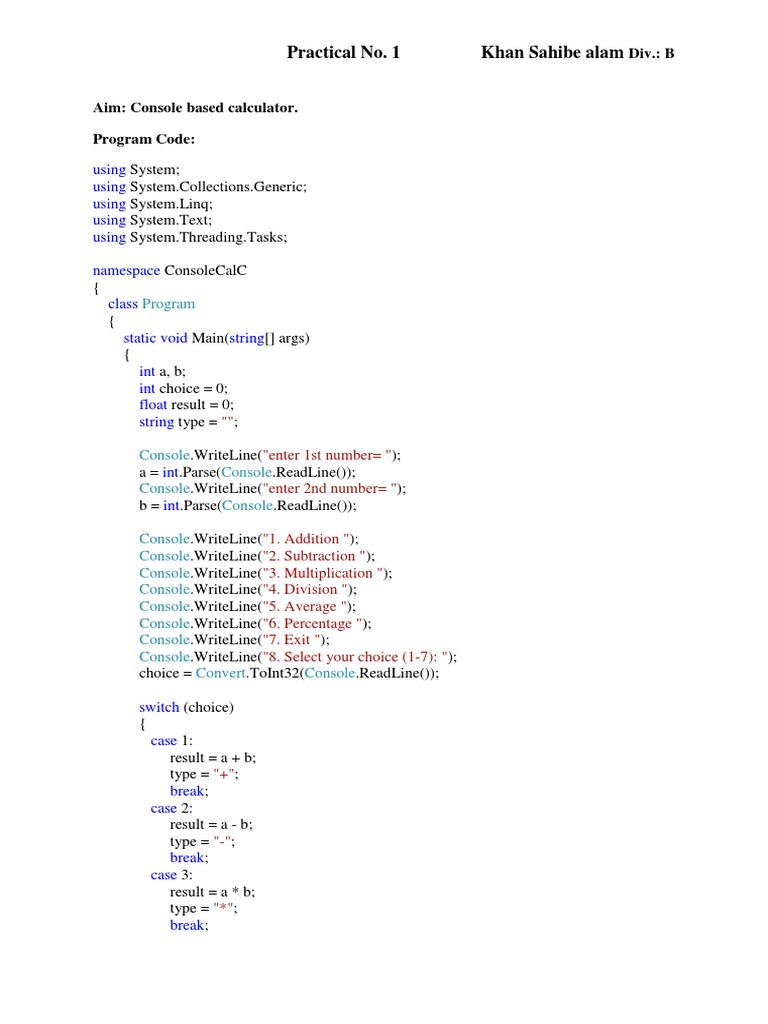 Practical No. 1 Khan Sahibe Alam: Using Using Using Using Using Namespace Class Static Void ...