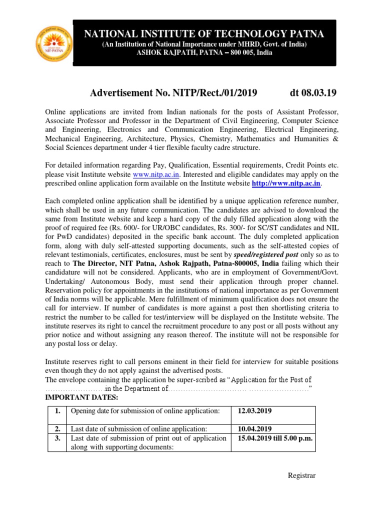 Advertisement No. NITP/Rect./01/2019 DT 08.03.19 | PDF | Doctor Of ...
