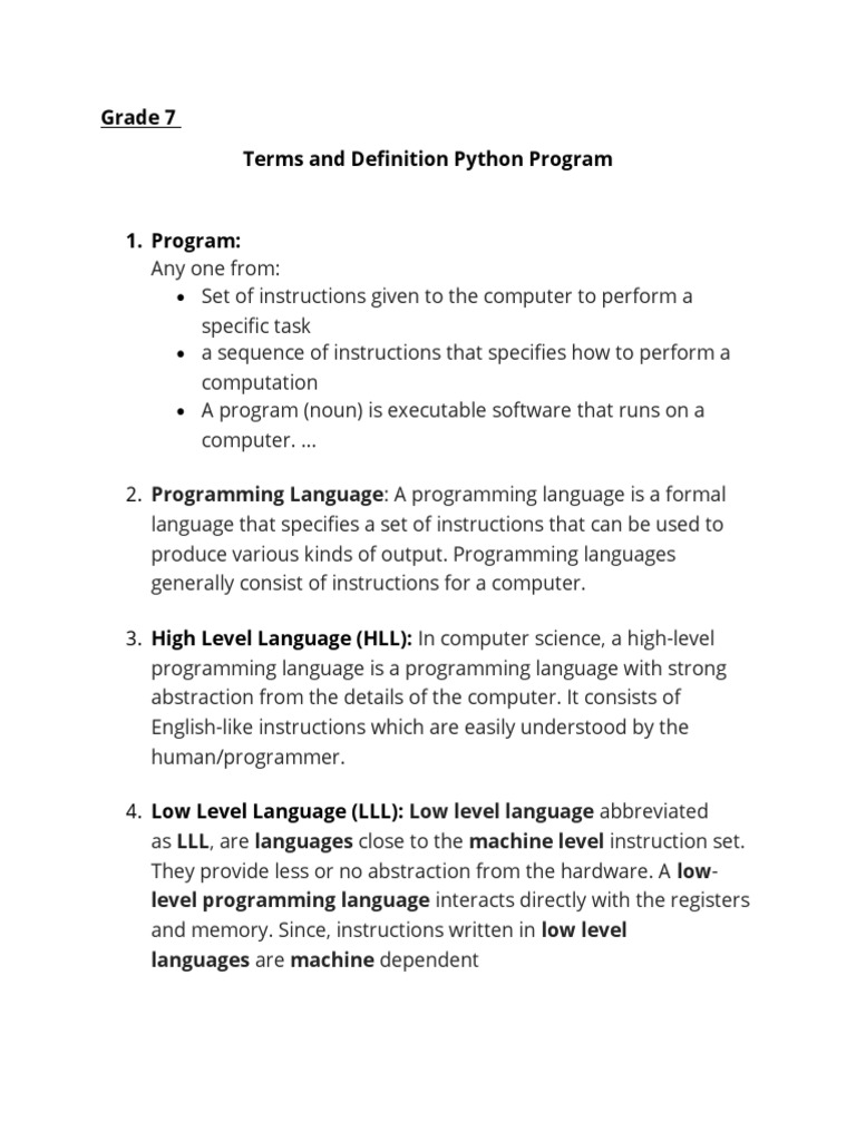 Grade 7 Terms and Definition Python Program: Programming Language: A ...