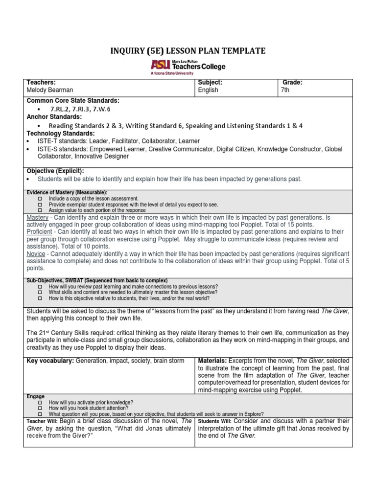 Tel311 Sa - Inquiry 5e Lesson Plan - Bearman 1 | PDF | The Giver | Teachers