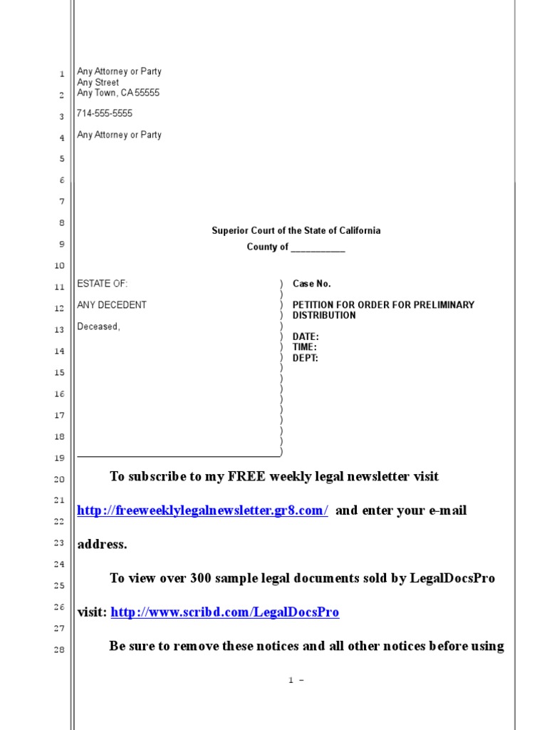 Sample Petition for Preliminary Distribution for Probate in California ...