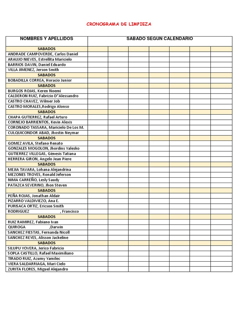 Cronograma de Limpieza | PDF