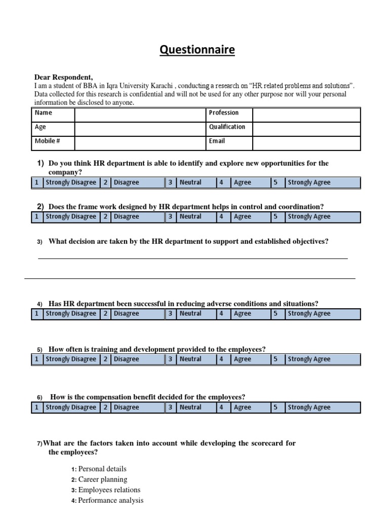 Questionnaire: Personal Details Career Planning Employees Relations ...