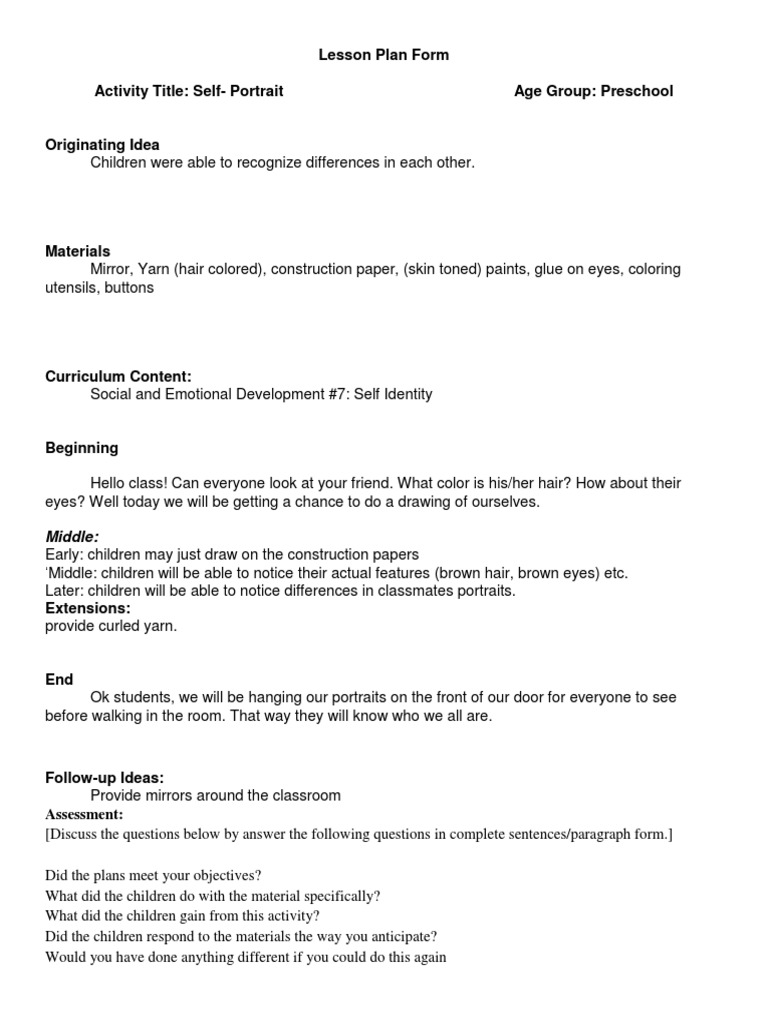 Lesson Plan Form Activity Title: Self-Portrait Age Group: Preschool | PDF