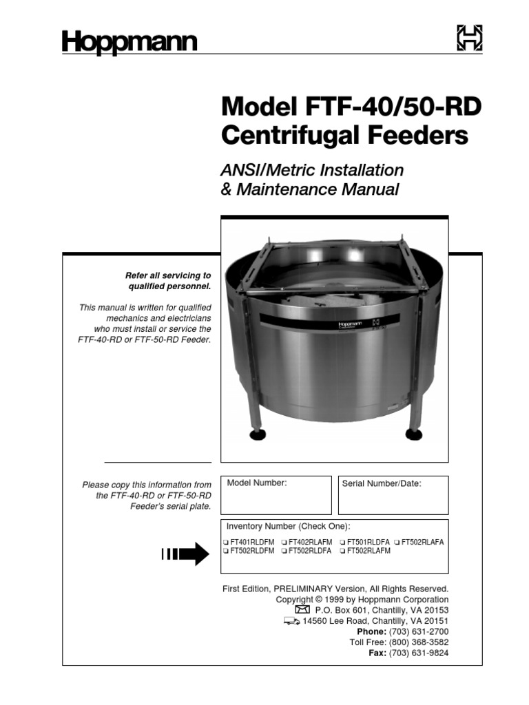 FTF 40 Food Grade Centrifugal Feeder Installation Maintenance Manual ...