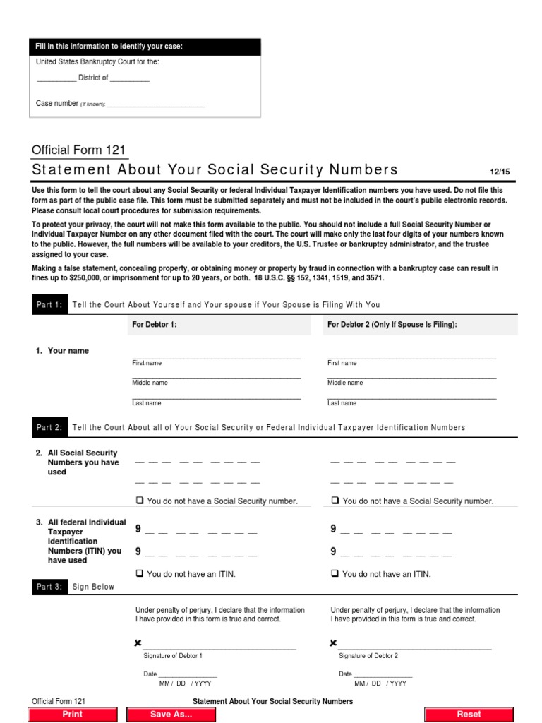 Social Security Number Statement Form | PDF | Bankruptcy | Government ...