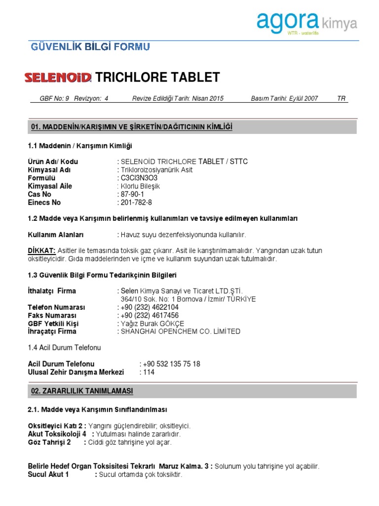 Selenoi̇d Trichlore Tablet Msds Havuz Kimyasal | PDF