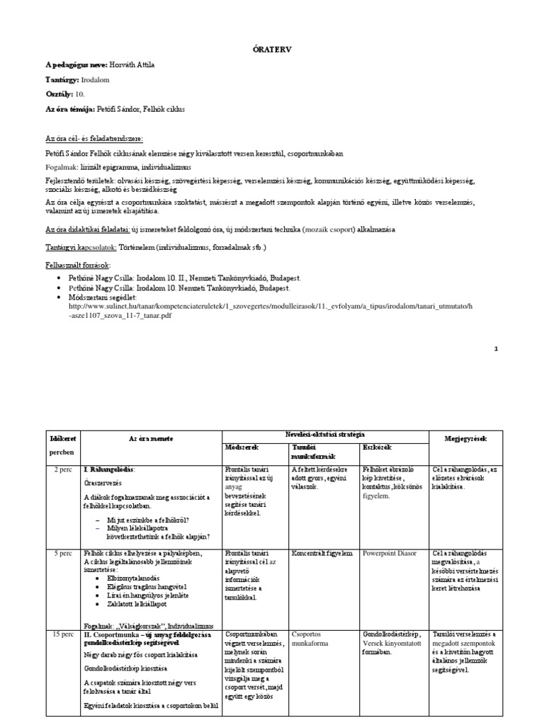 Petofi Sandor Felhok Ciklus Oraterv | PDF