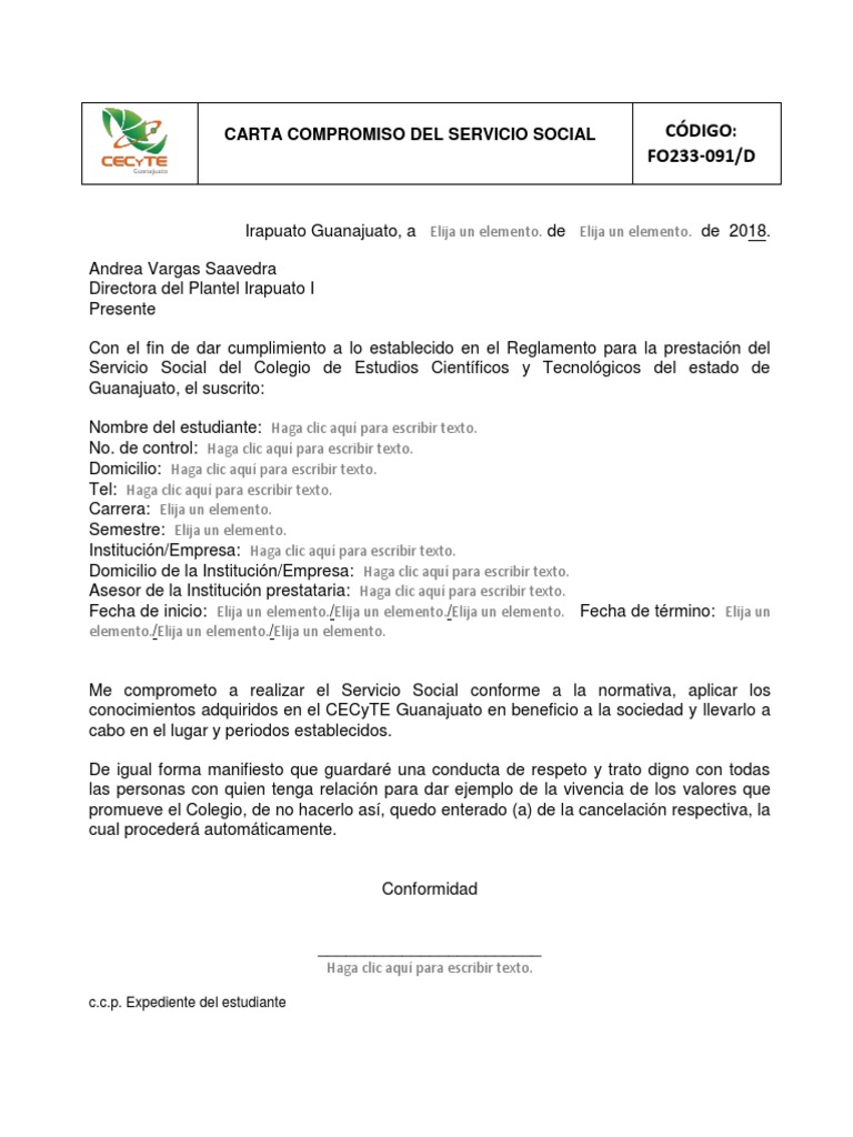 Carta Compromiso Servicio Social CECyTE | PDF | Crecimiento personal y ...