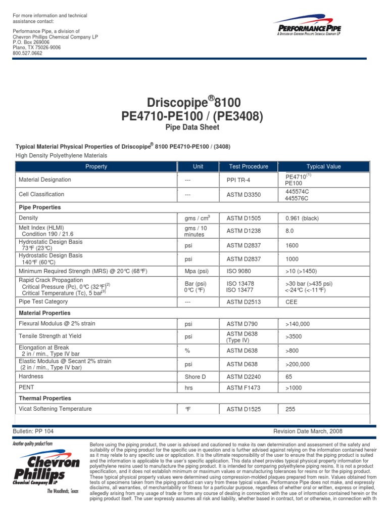Driscopipe 8100 PE4710-PE100 / (PE3408) : Pipe Data Sheet | PDF ...