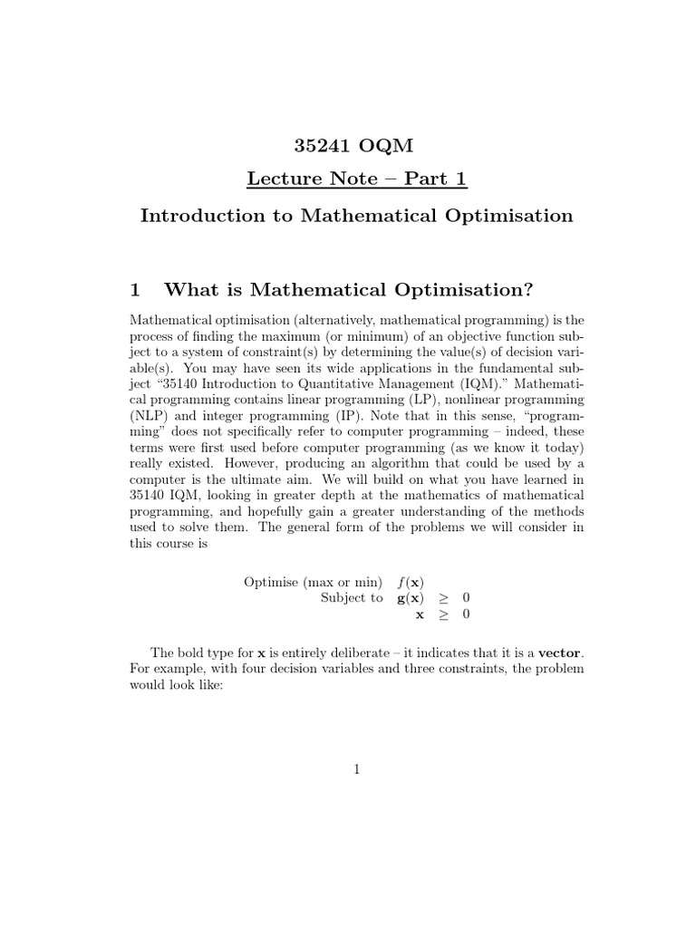 OQM Lecture Note - Part 1 Introduction To Mathematical Optimisation | PDF | Mathematical ...