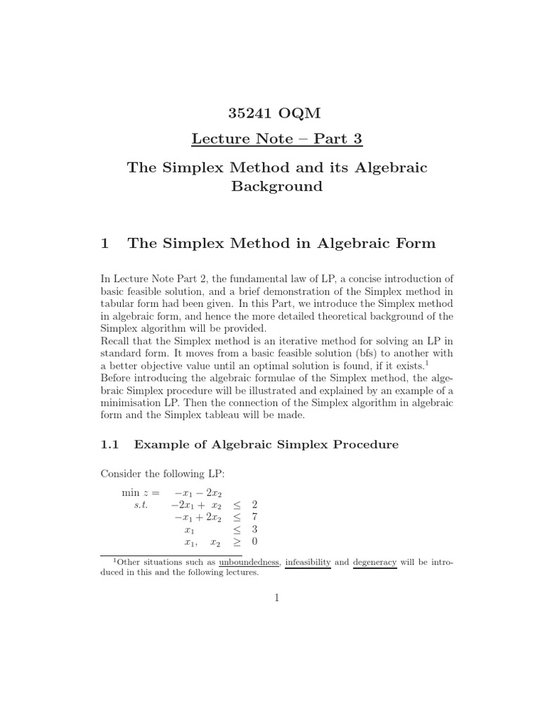 Oqm Lecture Note Part 3 The Simplex Method And Its Algebraic Background Pdf Mathematical