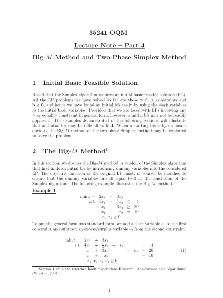 OQM Lecture Note - Part 4 Big-M Method and Two-Phase Simplex Method ...