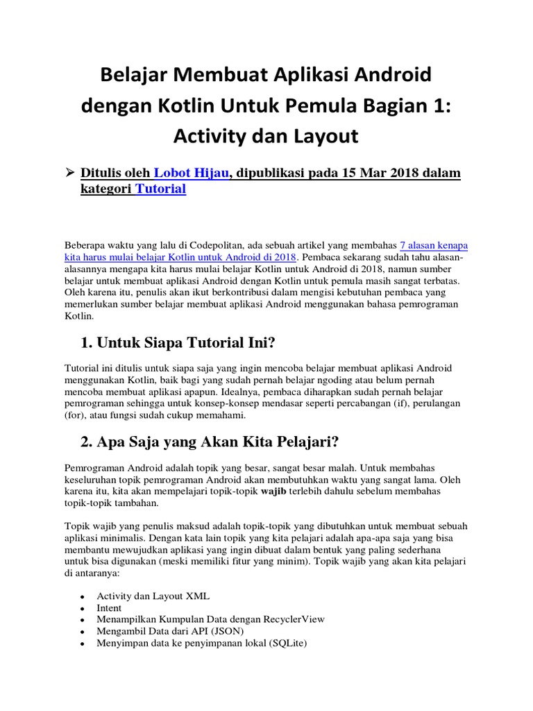Belajar Membuat Aplikasi Android Dengan Kotlin Untuk Pemula Bagian 1 | PDF