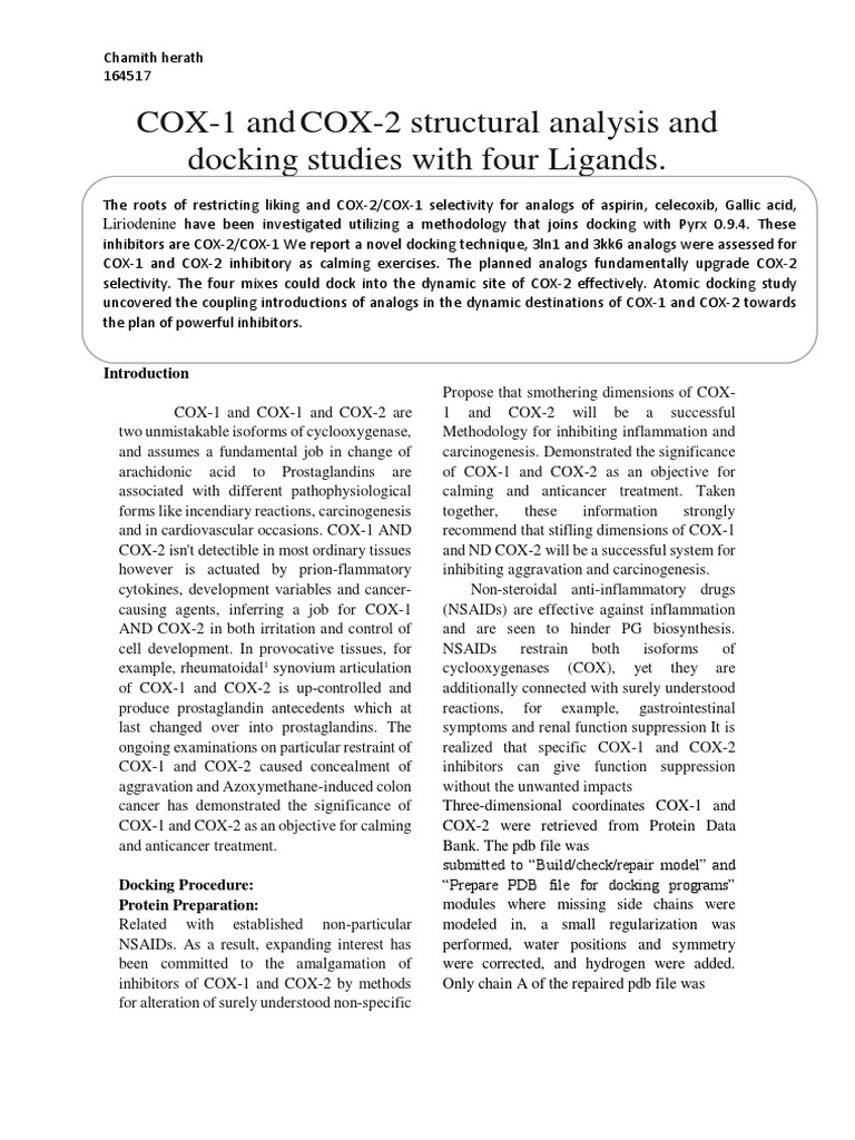 COX-1 and COX-2 Structural Analysis and Docking Studies With Four ...
