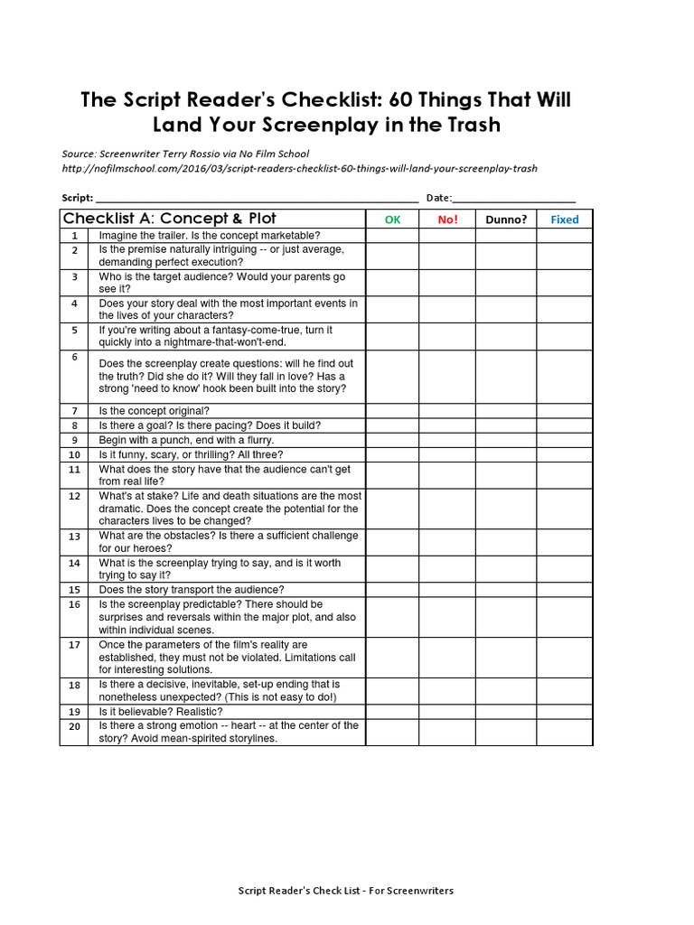 Script Reader's Checklist For Screenwriters | PDF | Screenplay | Plot (Narrative)